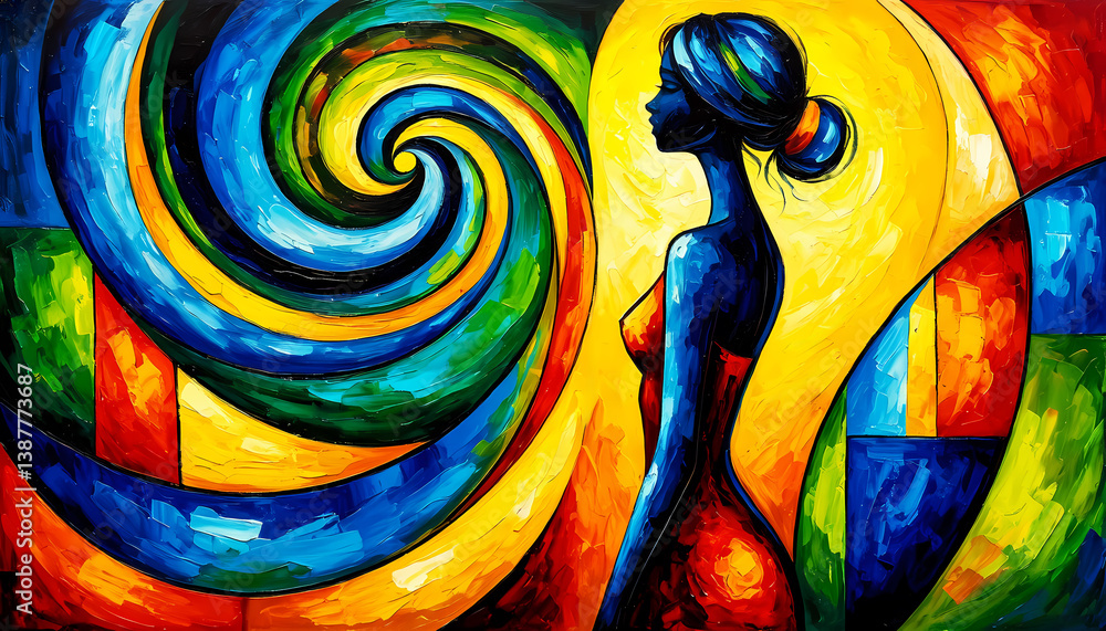 Female figure in profile against the background of a swirling swirl of ...