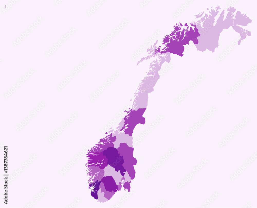 Map of Norway with regions. Just a simple country border map with region division. Purple color ...