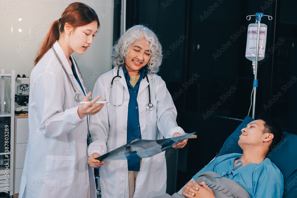 Nurse giving assistance to senior patient with disease in bed. Medical ...
