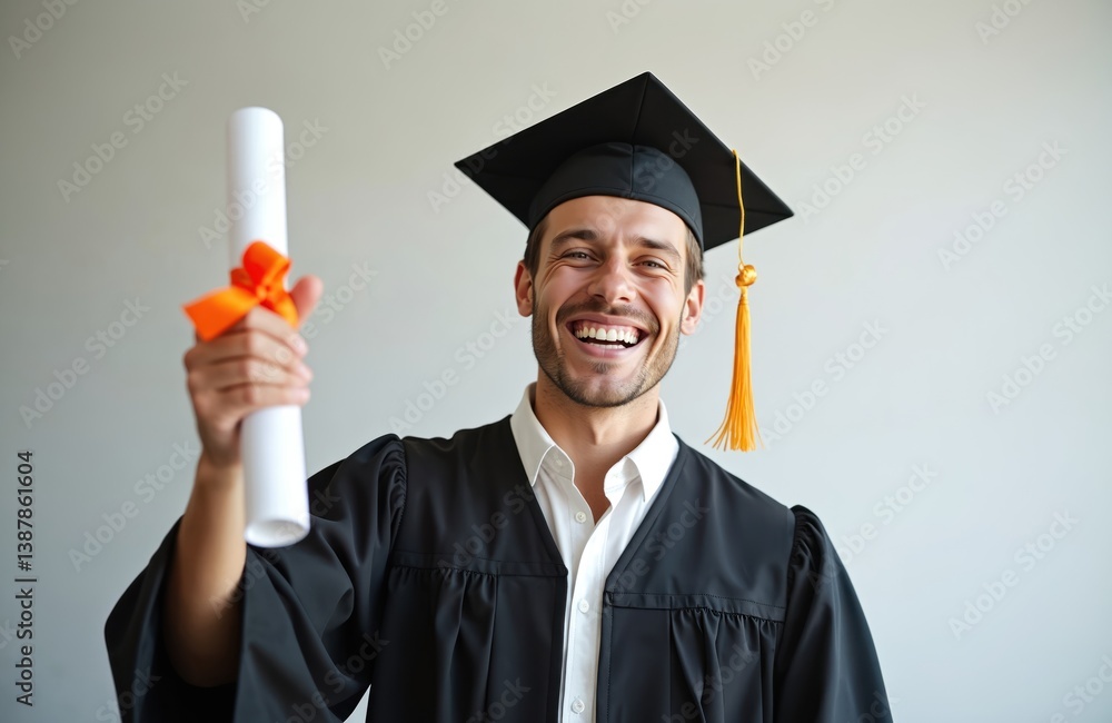Happy male graduate student in graduation gown holds diploma ...