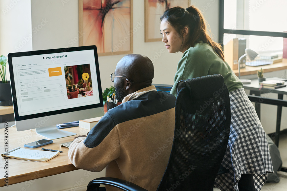 Two programmers looking at screen of desktop computer while using AI ...