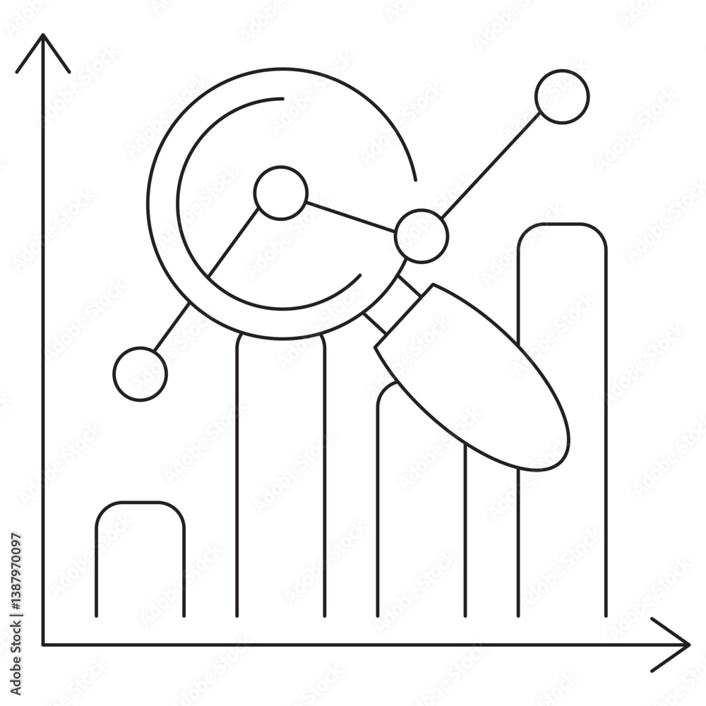 Icon of data analysis with a magnifying glass over a bar chart and a ...
