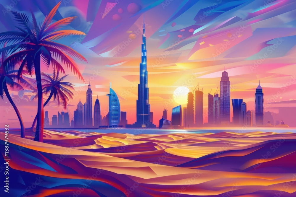 Landscape at the sunset of Abu Dhabi, Dubai, UAE Stock Illustration | Adobe Stock