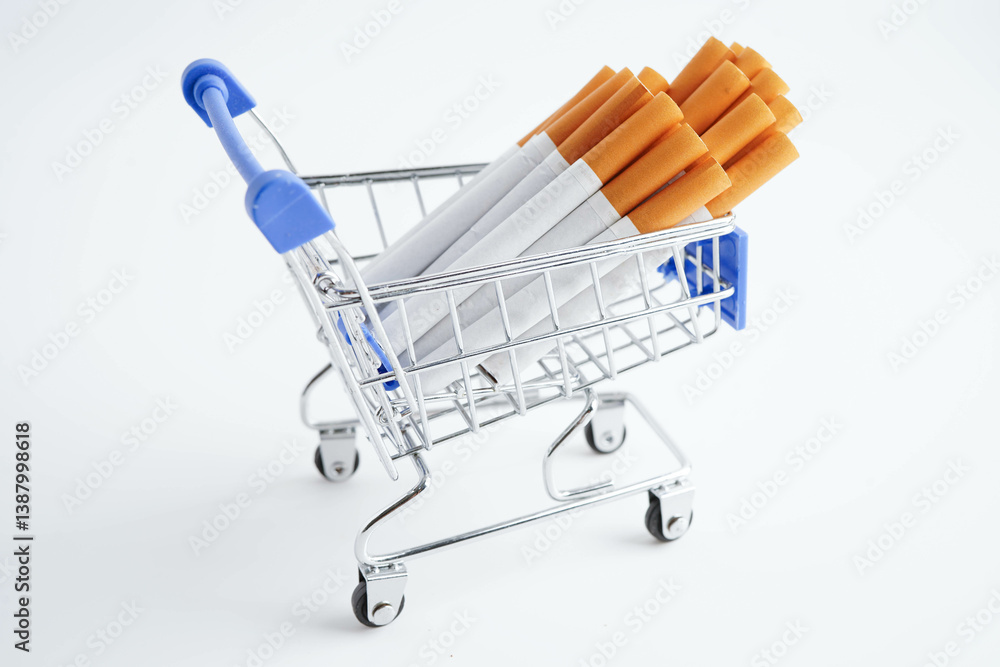 Cigarette in shopping cart, cost, trading, marketing and production, No ...