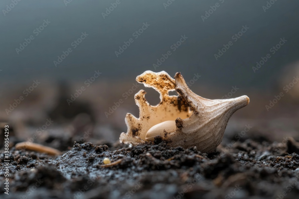 seed cracking open on damp soil revealing early stages of sprout under ...