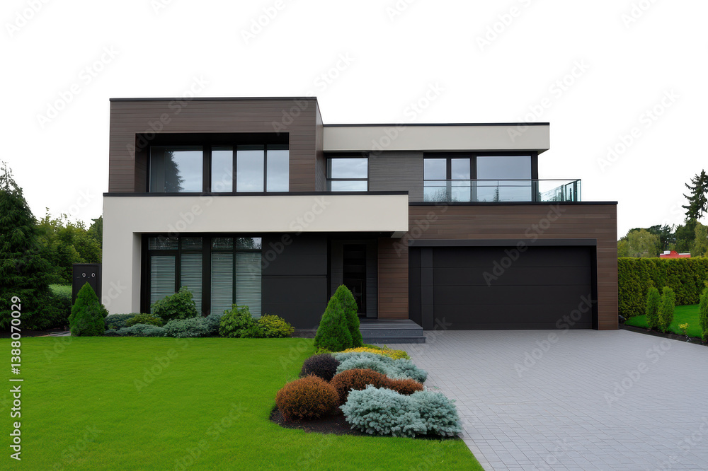 Beautiful modern house featuring a garage, a well-maintained garden ...