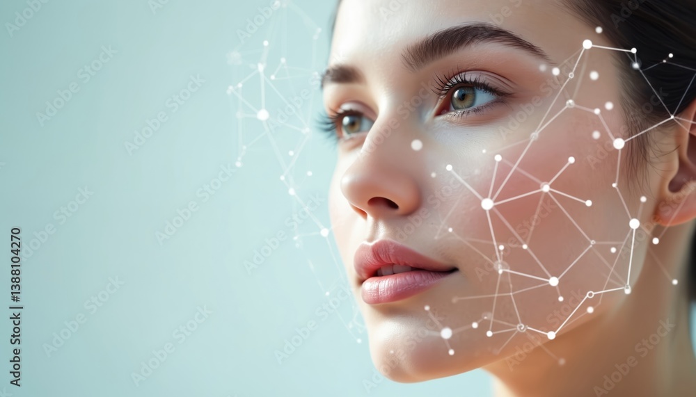 Young woman face with digital skin analysis overlay. Modern dermatology ...