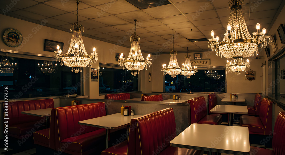 Retro Diner Booths Paired With Victorian Era Chandeliers Interior Scene ...