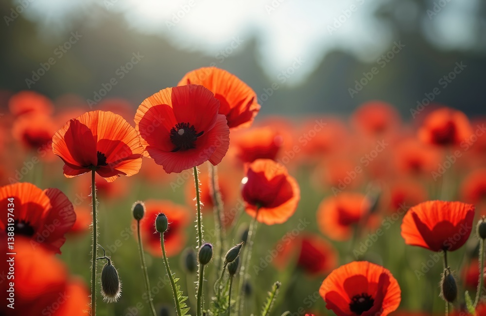 Vibrant field red poppies blossoms in sunlight. Memorial flowers ...
