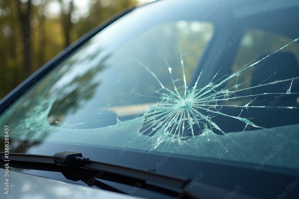 Dangerous Close-up: Shattered Car Windshield with Cracks and Debris ...