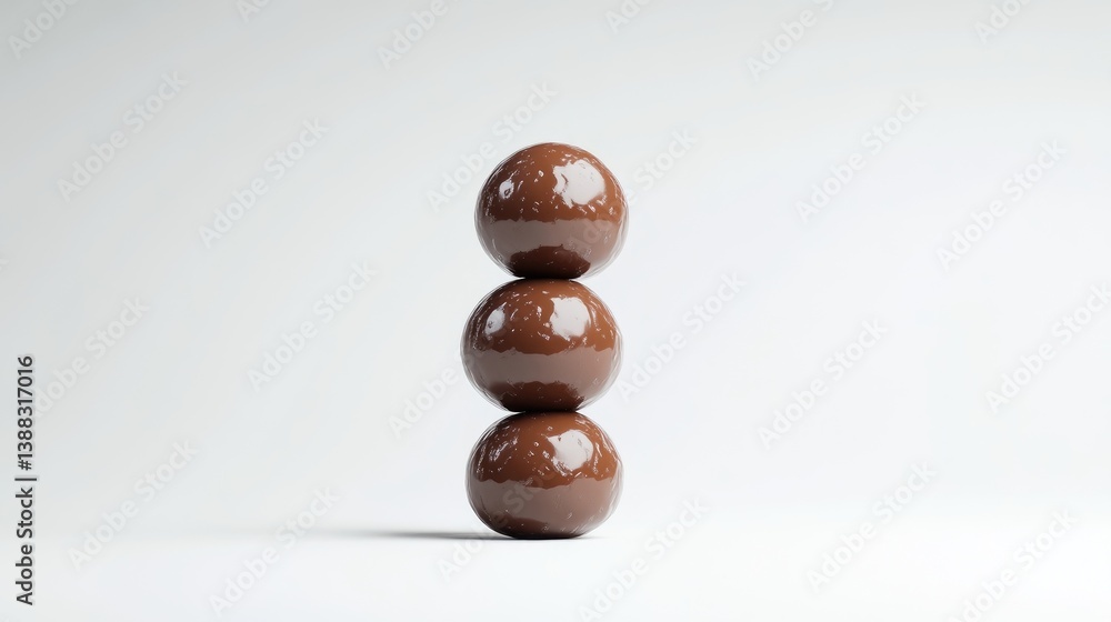 Three glossy, dark brown spheres are precisely stacked vertically. The ...