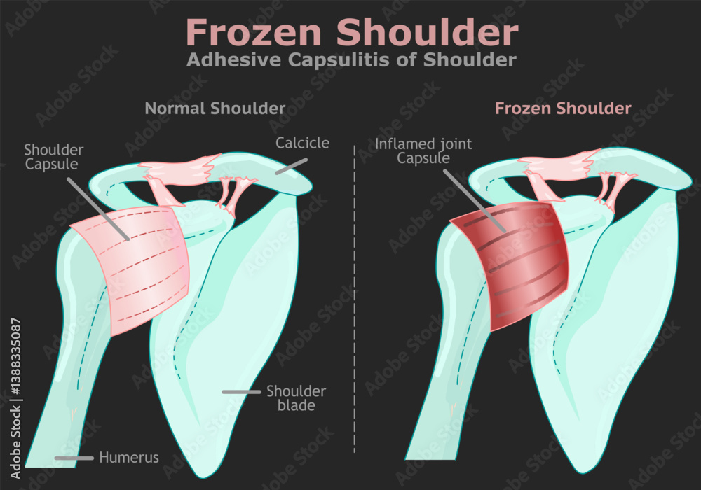 Frozen shoulder, adhesive capsulitis. Shoulder joint becomes inflamed ...