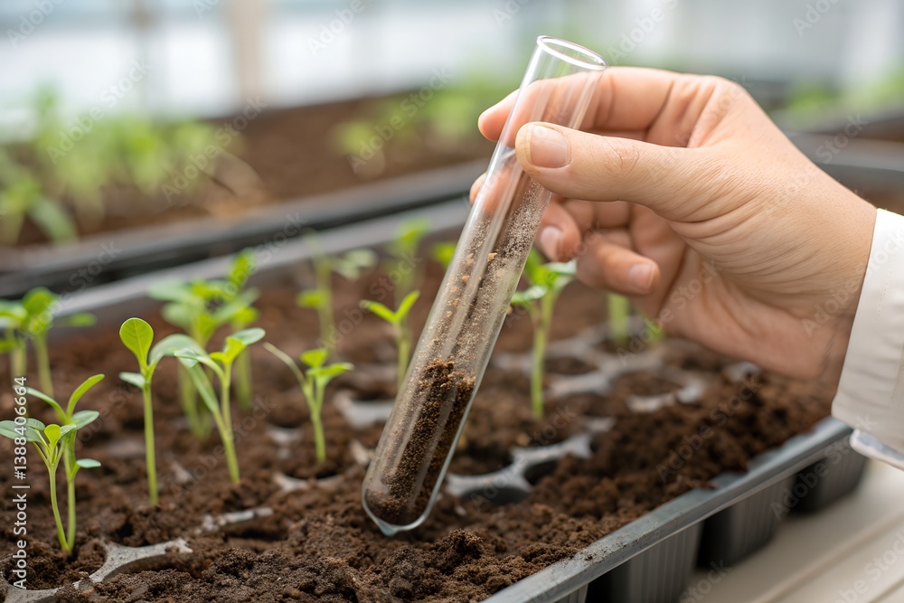 Person takes soil sample near small seedlings for soil test. Examining ...