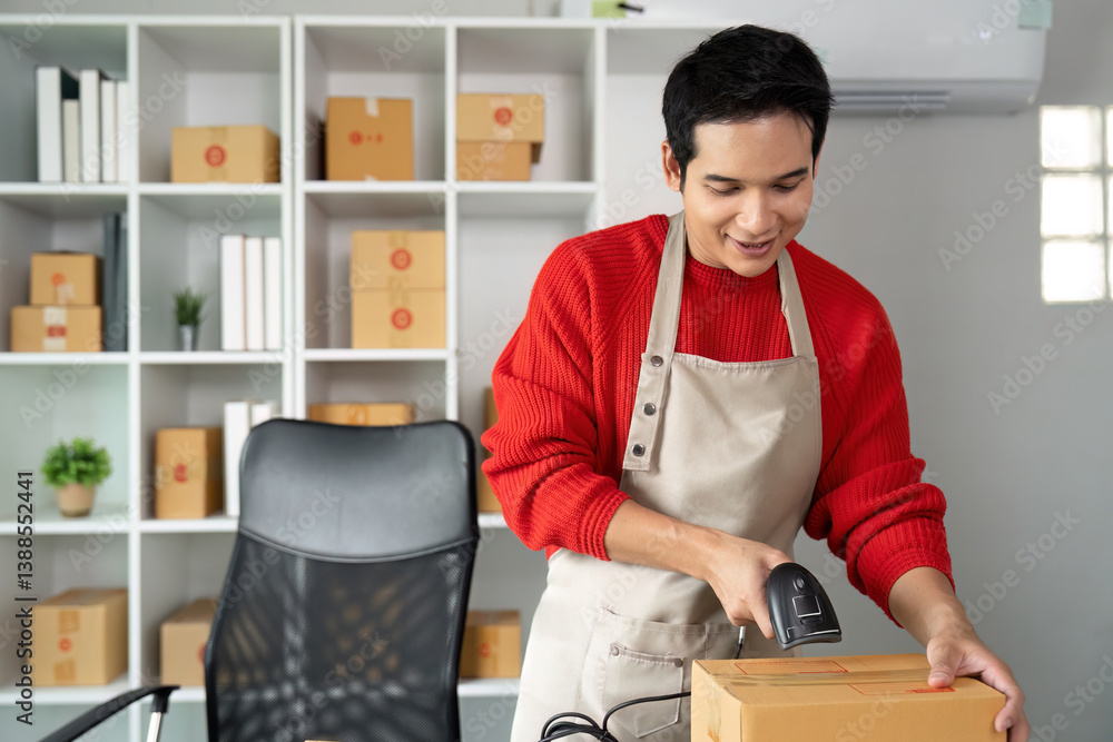 Photo Stock Barcode Scanning and Package Handling. An entrepreneur ...