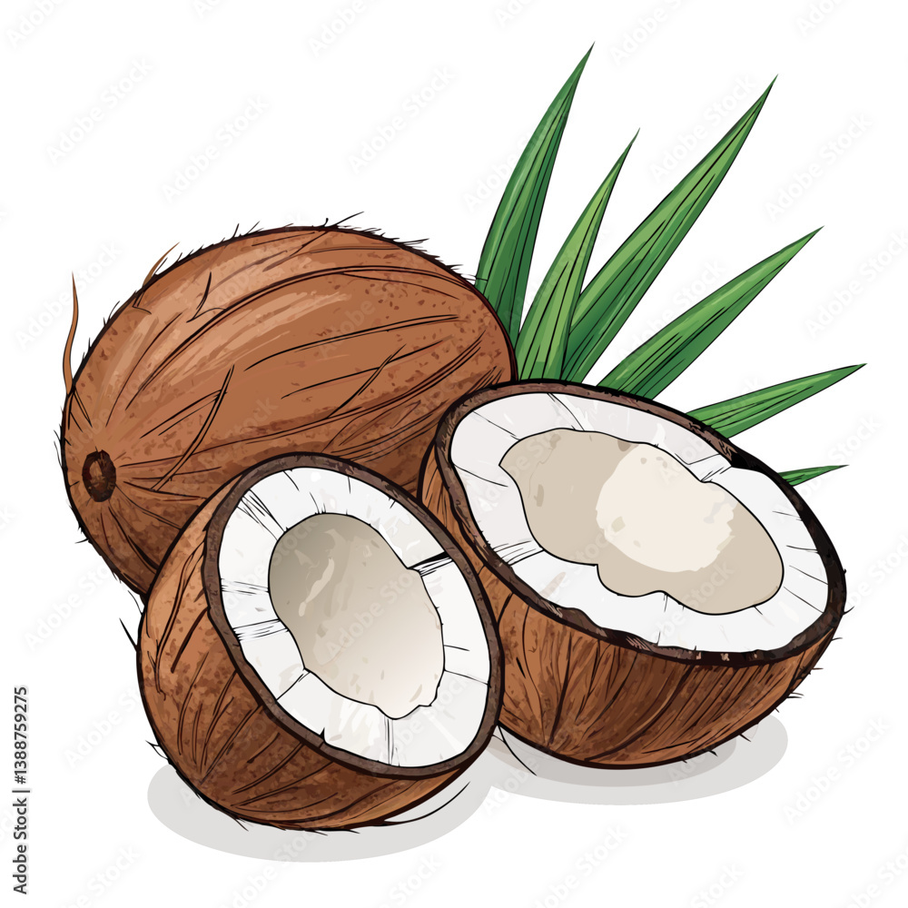 Create a vector illustration of a cracked-open coconut, showcasing a ...
