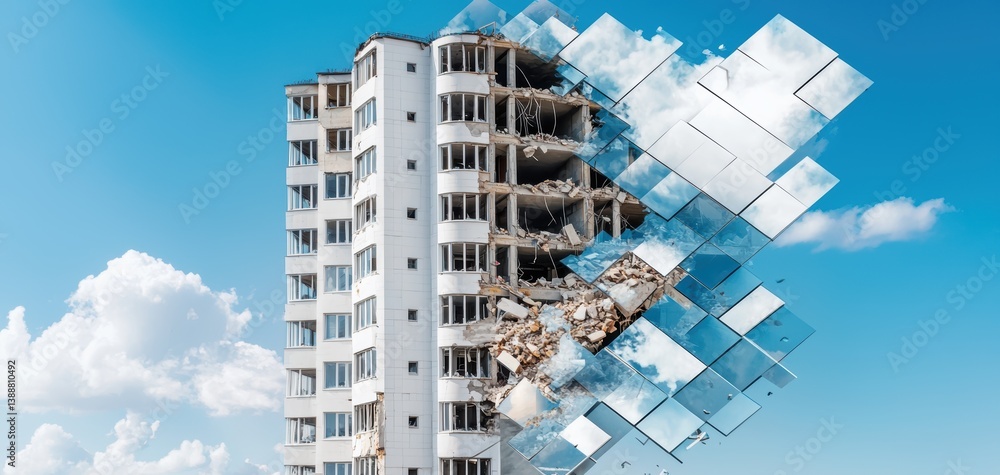 Time-lapse inspired scene of destroyed building transforming through ...