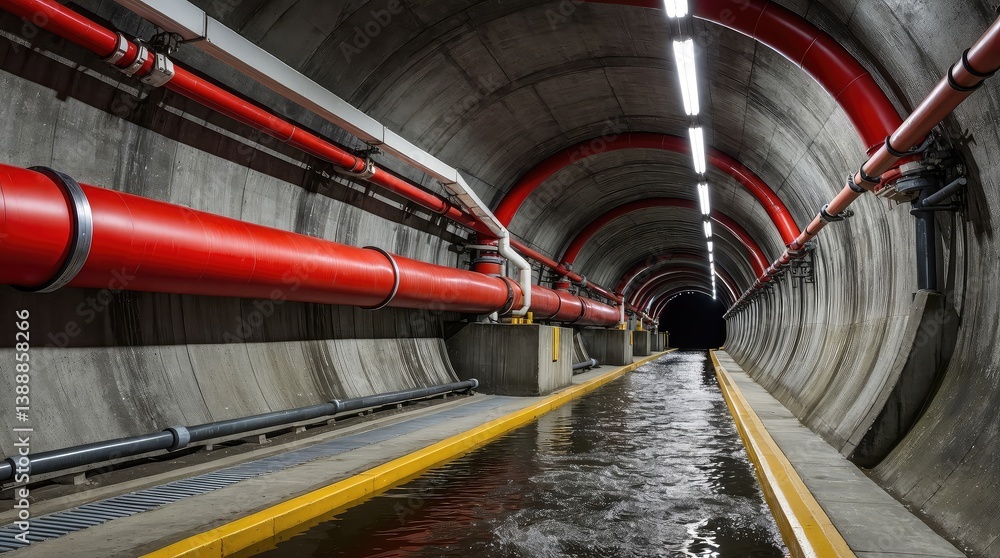 Underground tunnel with red pipes and a drainage system showcasing ...