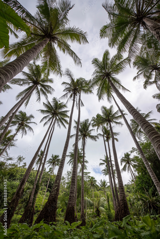 Worm’s eye view of tall coconut palm trees in tropical rainforest Stock ...