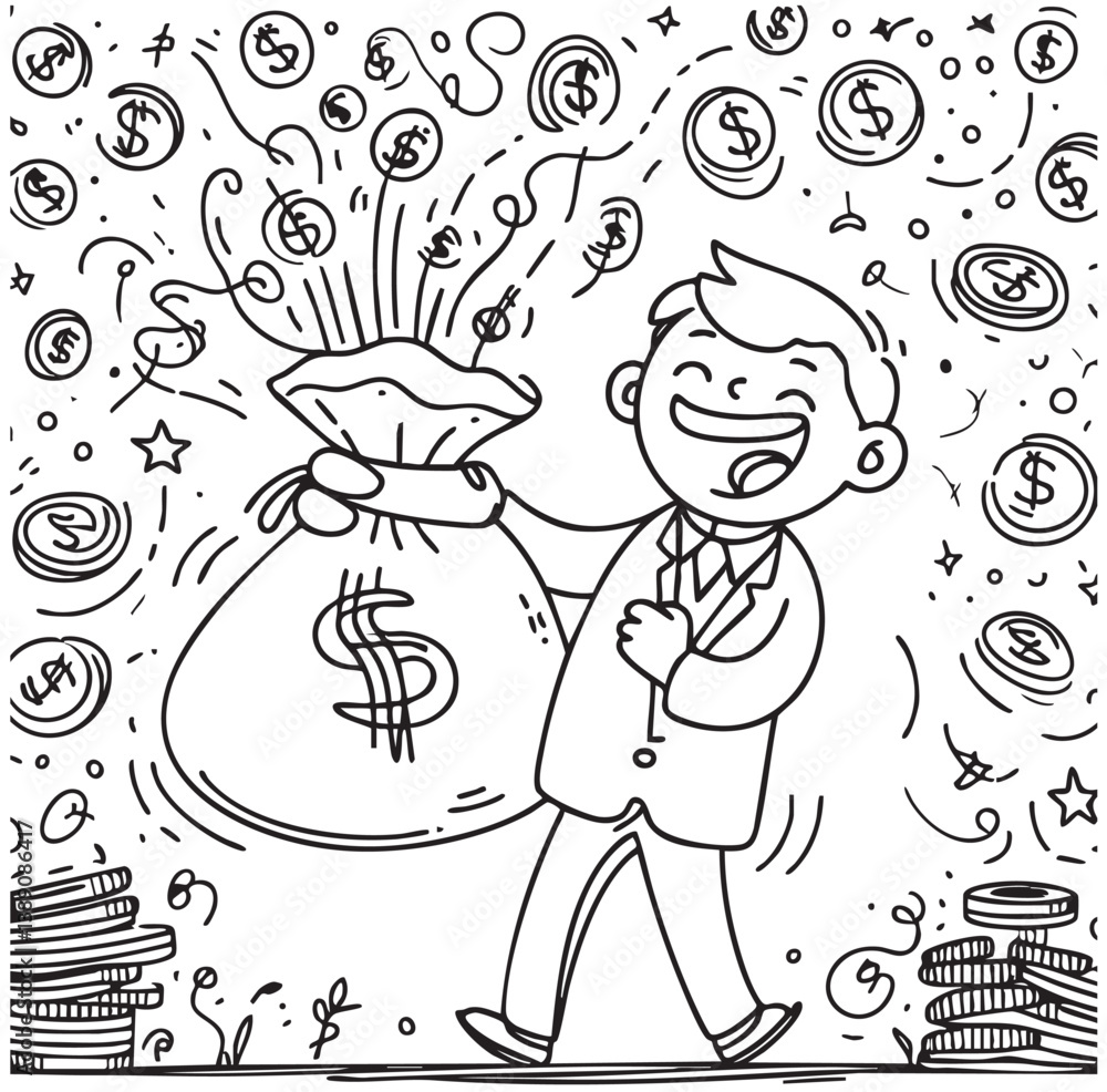 Cartoon person with a bag of money. Launder money line icon. Cash ...