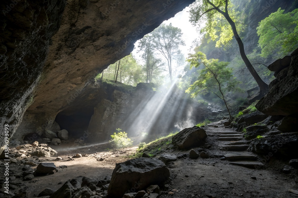Sunlight beams through the opening of a cavern illuminating trees and ...