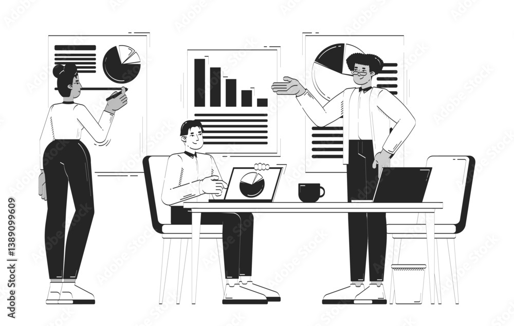 Diverse team analyzing business charts in office doodle lineart ...