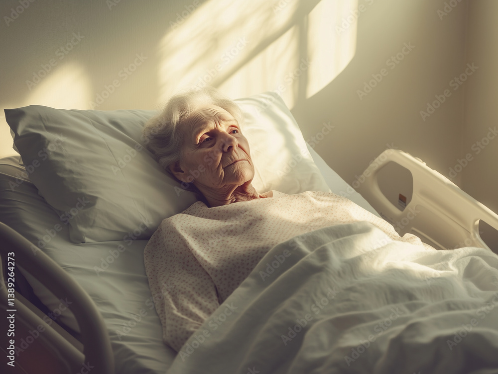 An elderly woman lying in a hospital bed, her face deeply expressing ...