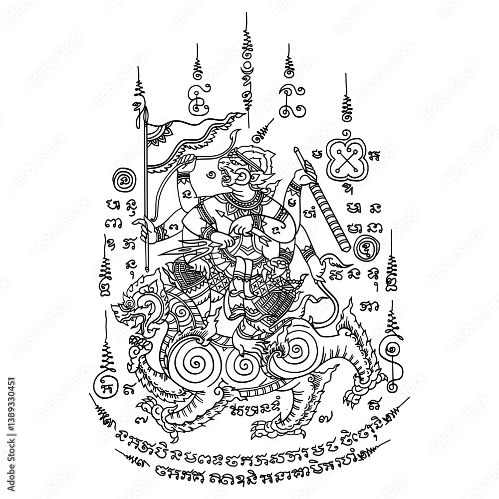 Thai traditional tattoo. Sak yant hanuman tua kaao monkey. Thai text ...