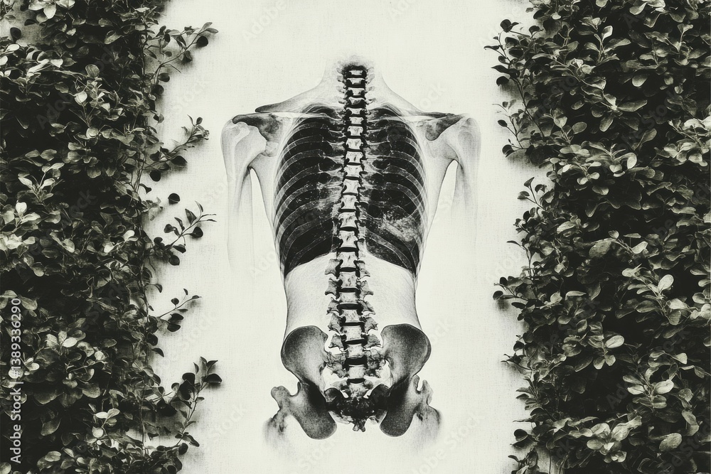 X-ray showing the human spine structure, shown together with the human ...