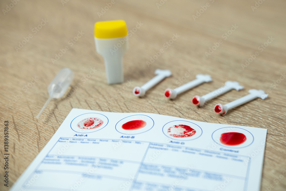 Blood typing test card with Anti-A, Anti-B, Anti-D result, diagnostics ...