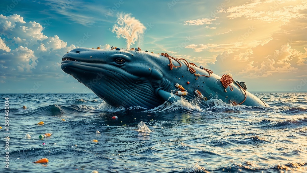 Ilustración de Stock Ocean pollution, Whale Breaching Ocean Surface to ...