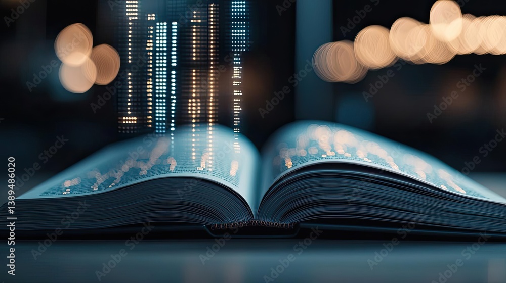 Open book with contemporary vertical digital lights stock chart concept ...