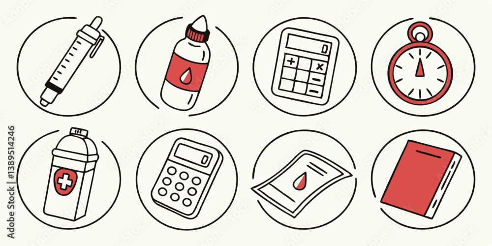 Red and Black Medical Diabetes Doodle Icons - Insulin, Glucose Test ...