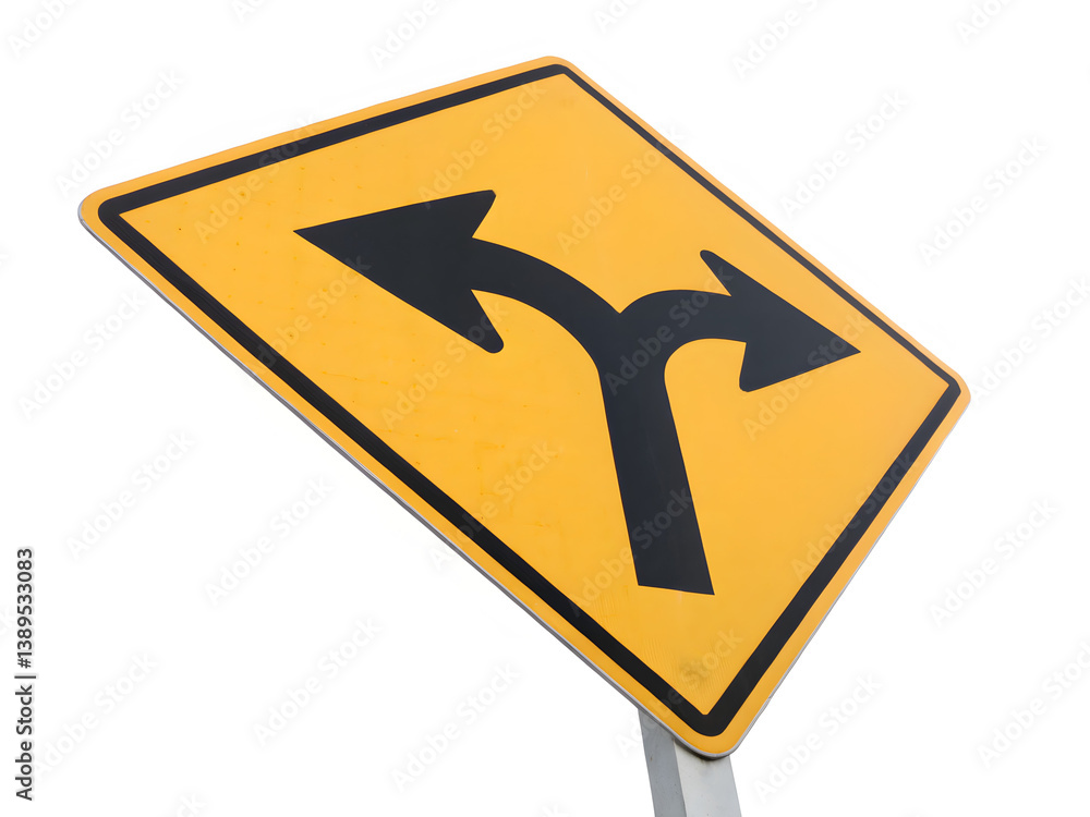 Yellow traffic warning sign with black symbols indicating split road ...