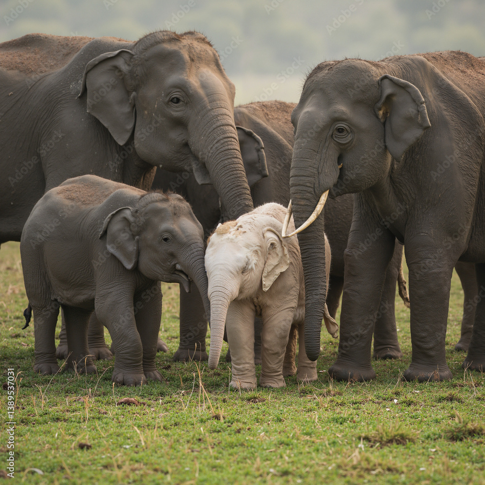 Elephants showing affection to a rare albino calf in nature Stock Photo ...
