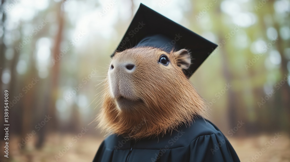 Capybara wearing graduation cap and gown in forest setting Stock Photo ...