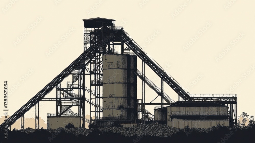 Silhouette of an industrial mill with conveyors and gear systems shown ...