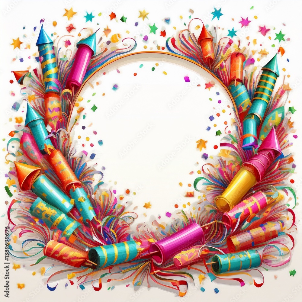 border frame of firecrackers and colorful confetti background with copy ...