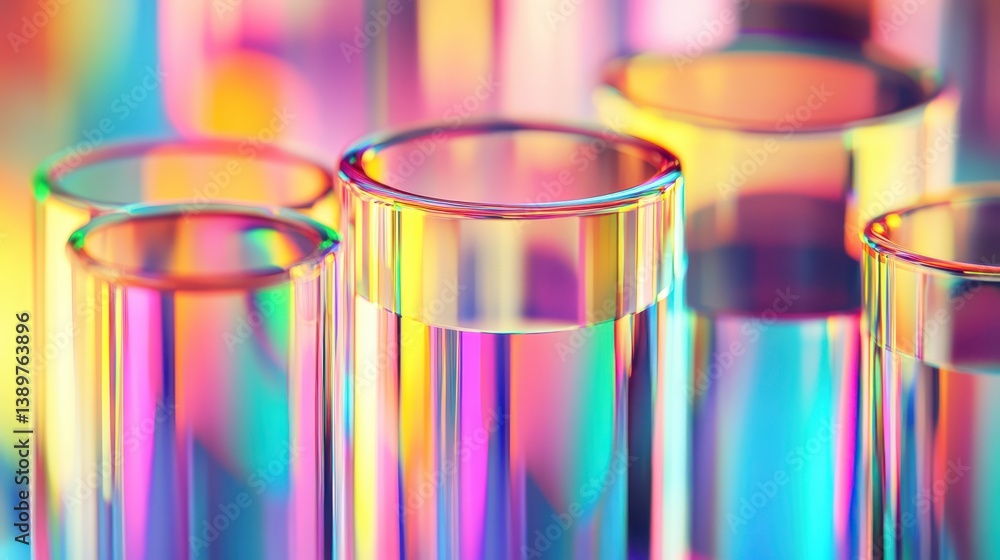 Brightly colored test tubes stand upright, each filled with clear ...