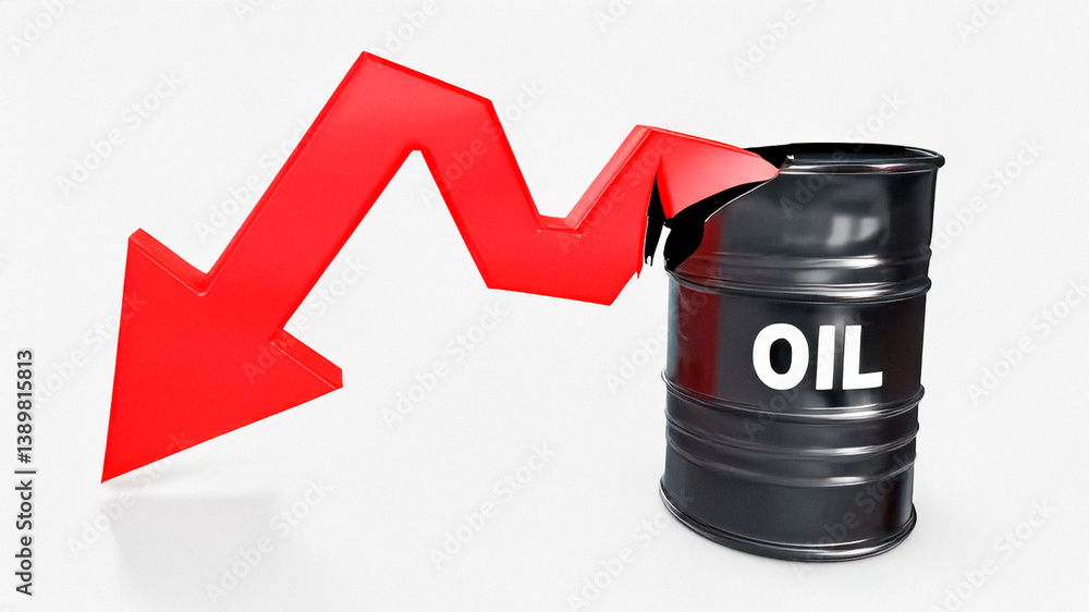 Crushed bent barrel of oil with arrow pointing down as symbol of ...