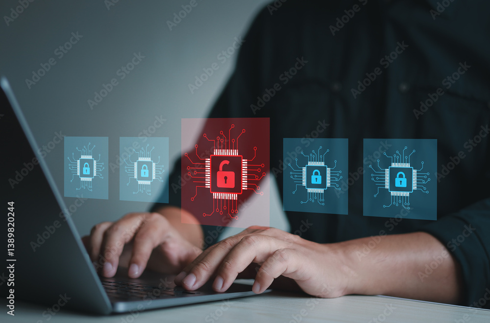 Cyber security risk and data breach concept. Businessman using laptop with digital key icon. Red ...