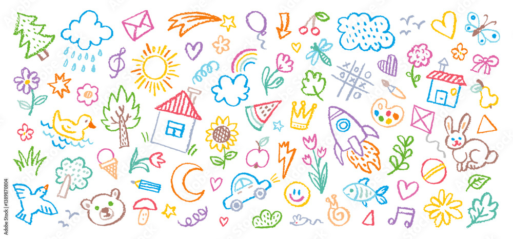 Vector de Stock Kid crayon hand drawn background. Children school ...