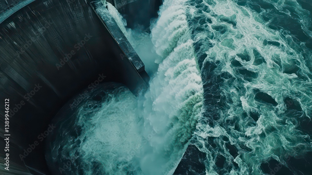 Hydroelectric dam releases water. Powerful water flow from dam spillway ...