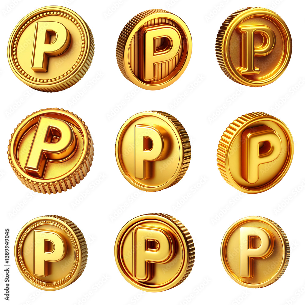 Golden 3D Letter P Coins Icons - Shiny Currency Token PNG with ...