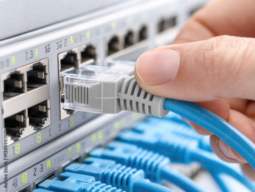 Cloud computing data center AI integration concept. Connecting a blue Ethernet cable to a ...