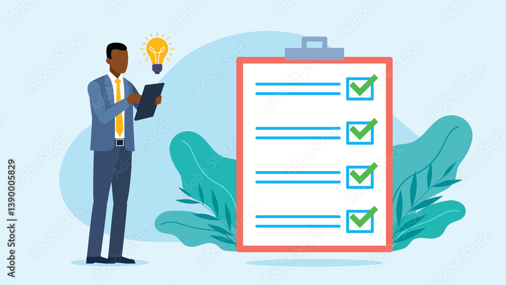 This graphic shows a man in a suit holding a tablet, standing next to a ... This graphic shows a man in a suit holding a tablet, standing next to a ...