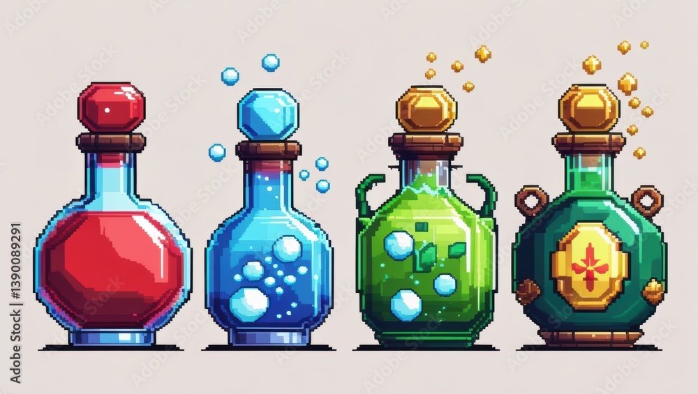 Pixel Art Four Colorful Magic Potions Fantasy Game Assets 8 bit Bottles ...