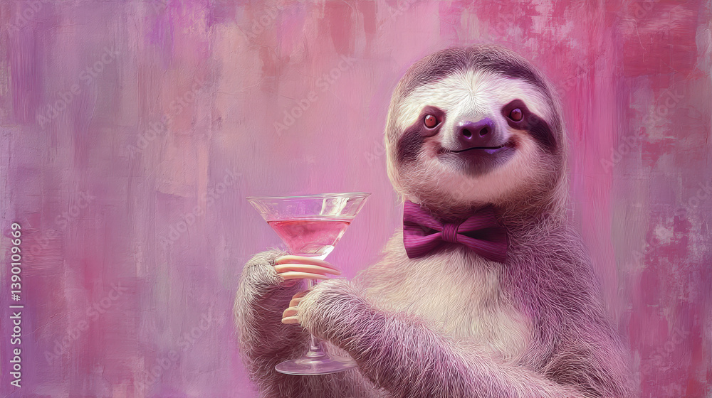 Artistic rendering of a sloth wearing a bow tie, holding a martini ...