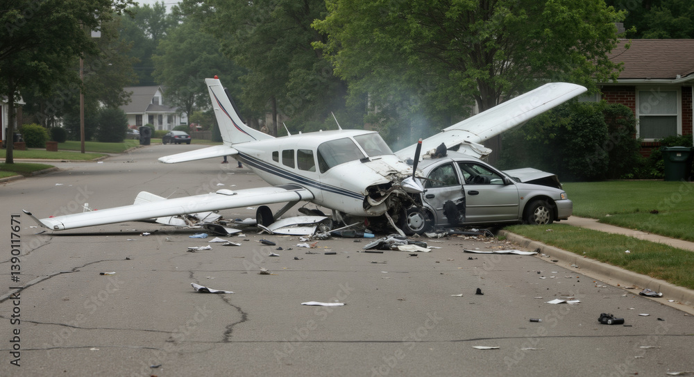 Small plane crash on the road after accident with car on the street ...