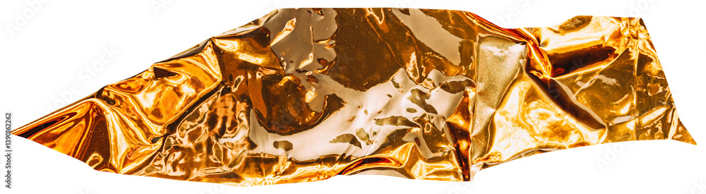 Gold metallic wrapping film with folds and glossy reflections on ...