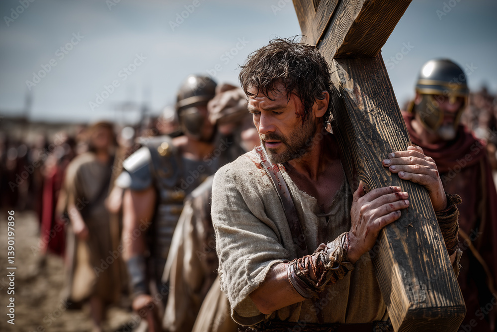 Ultra-realistic cinematic scene of Simon of Cyrene carrying the heavy ...